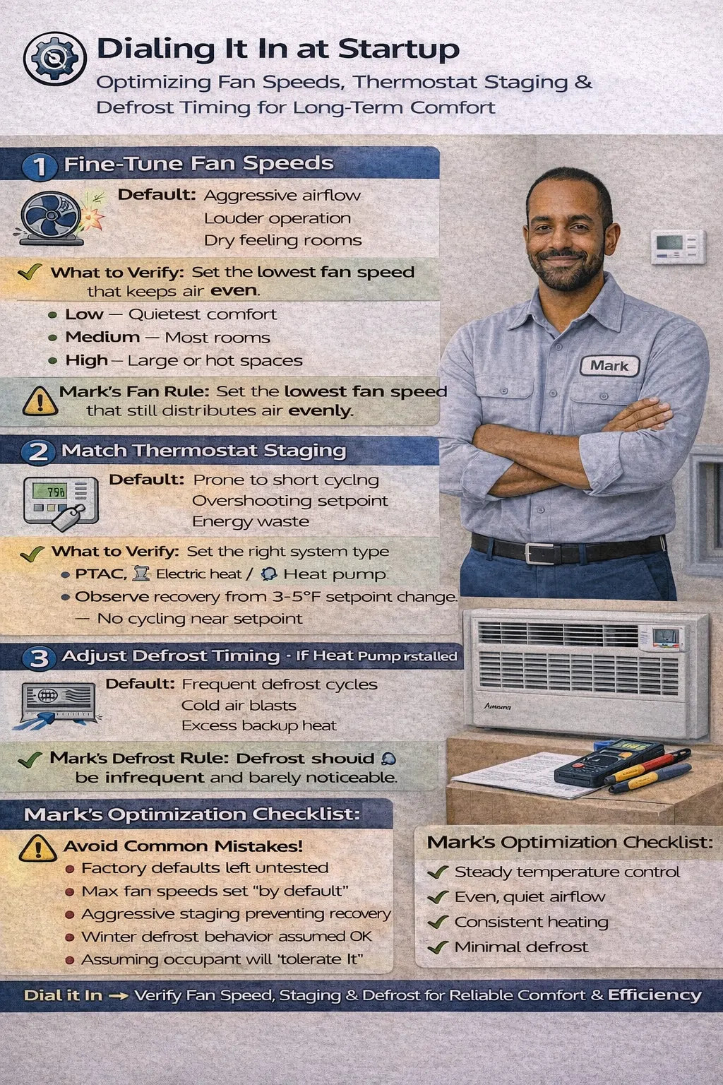 Adjusting fan speeds, thermostat staging, and defrost timing right at