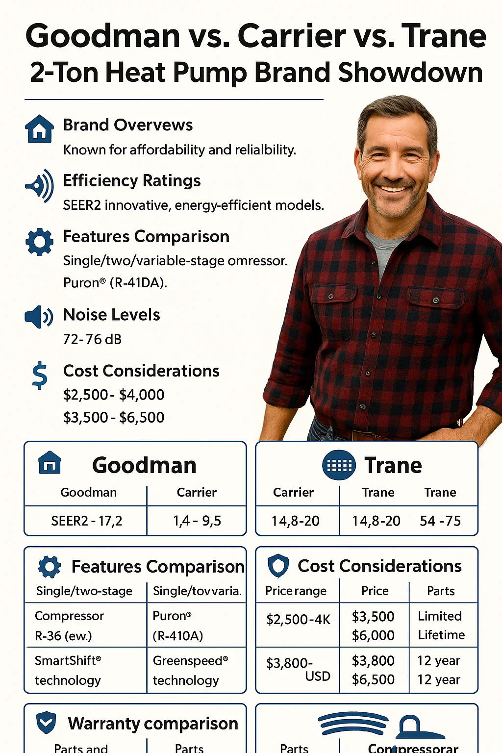 Goodman vs. Carrier vs. Trane: 2-Ton Heat Pump Brand Showdown